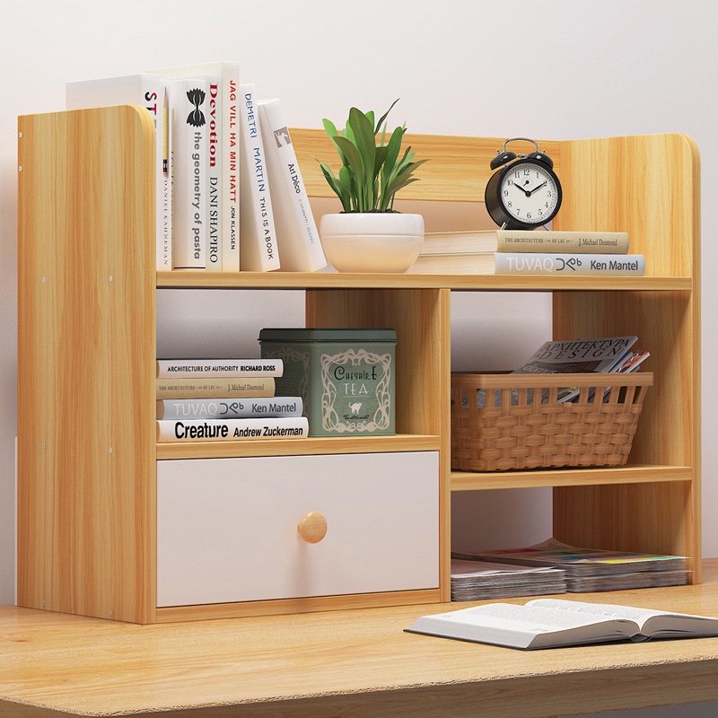 Small desk bookshelf bookcase office wooden storage rack simple desktop ...