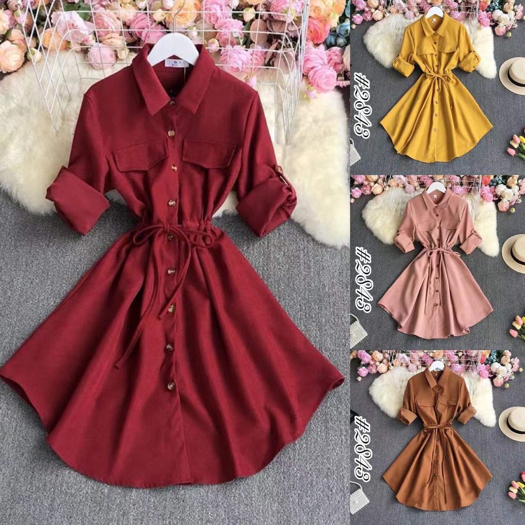 FF Korean Retro Lapel Waist Slimming Dress 3/4 Sleeves Polo Dress #2843 ...