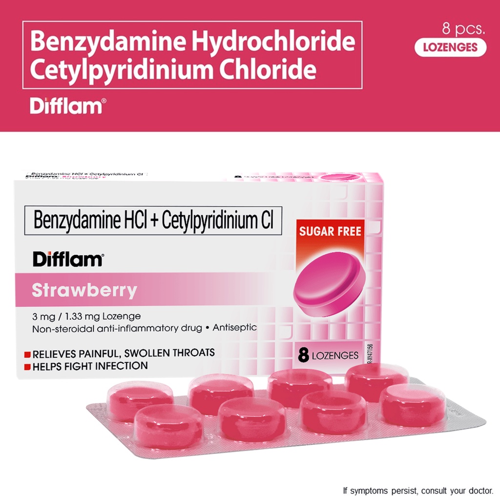 Difflam Strawberry 3 mg / 1.33 mg Lozenges - 8s | Shopee Philippines
