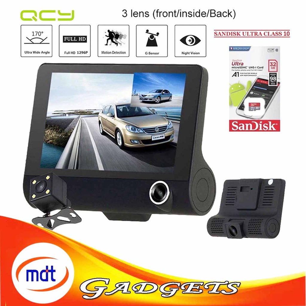 QCY A27 PRO 4.3" 1296P Three Lens Car DVR HD Dash Camera Camcorder ...