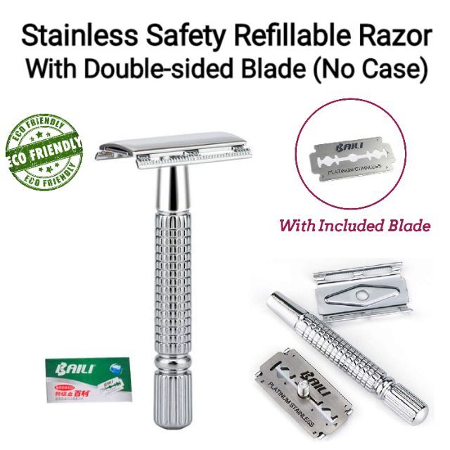 Stainless Silver Safety Refillable Razor w/ Double-sided Blade (NO CASE ...