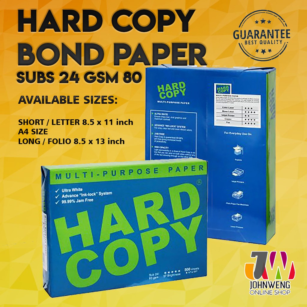 HARD COPY BOND PAPER 80 GSM SUBS 24 1 REAM Shopee Philippines