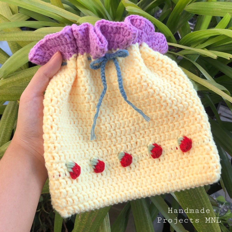 Mina Crochet Yellow Strawberry String Pouch / Bag | Shopee Philippines