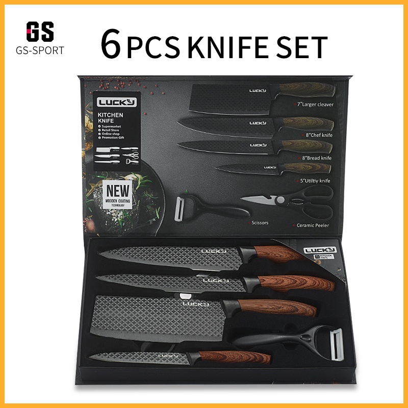 Knife Set 6 PCS Stainless Steel Chef Knife Bread Knife Cleaver Scissors ...