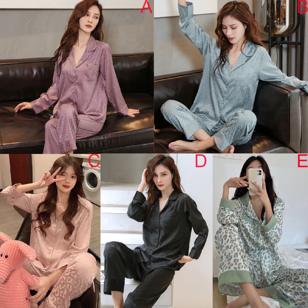 Korean Fashion Women Silk Satin Leopard Print Pyjamas Set Baju Tidur ...
