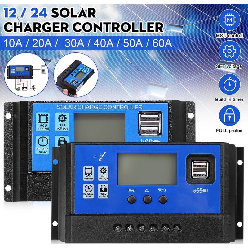 Solar Panel Regulator Charge Controller 10A 20A 30A 40A 50A 60A PWM 12V/24V with LCD Display ...