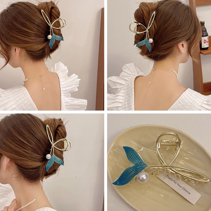 Blue Pearl Delicate Fishtail Hair Clip Large Back of Head Shark Clip ...