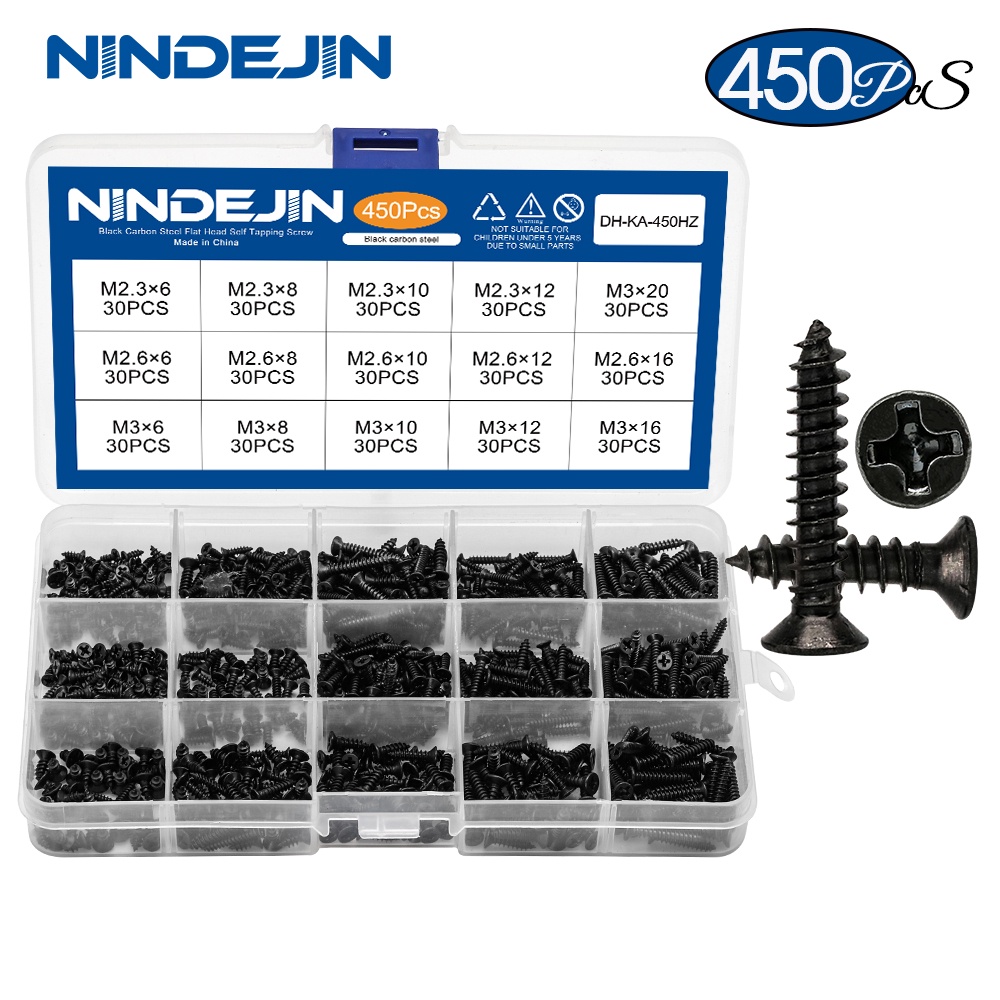 NINDEJIN Black Plated Flat Head Tapping Screws With Cross Recessed M2.3 M2.6 M3 Carbon Steel ...