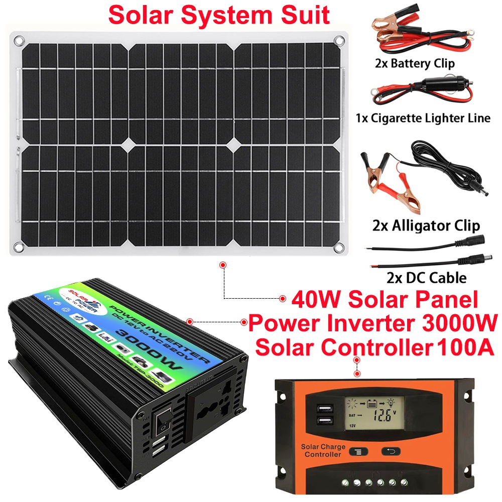 JONHAO Solar system Set 3000W Power Inverter 12V to 220V+40W Solar ...