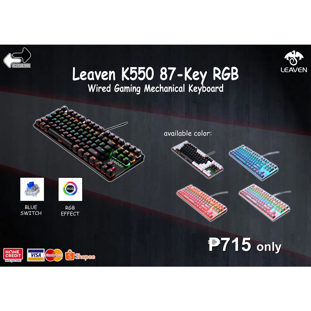 Leaven K550 87 keys Rainbow Backlit Wired Keyboard with Blue switch mechanical keyboard | Shopee ...