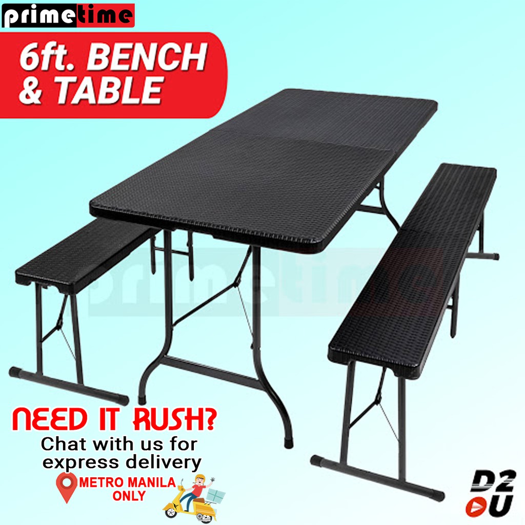 Primetime 6ft. Fold-in-Half Plastic Rattan Look Table with 6ft. Fold-in ...