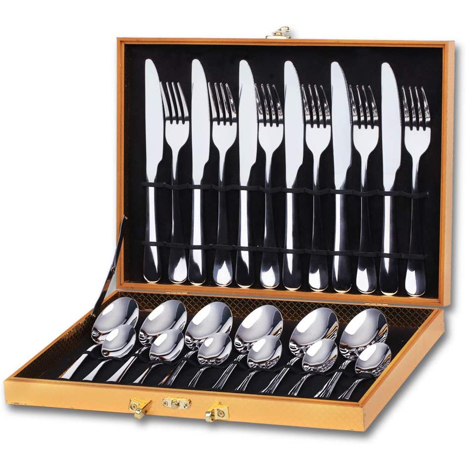Silverware Cutlery Set 24 Pcs with Portable Storage Wooden Box | Shopee ...