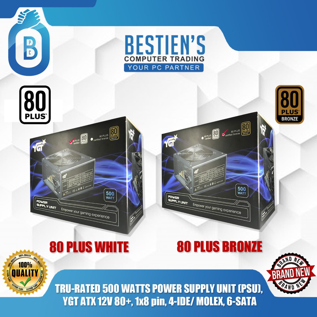 TRU-RATED 500 WATTS POWER SUPPLY UNIT (PSU), YGT ATX 12V 80+, 1x8 pin ...