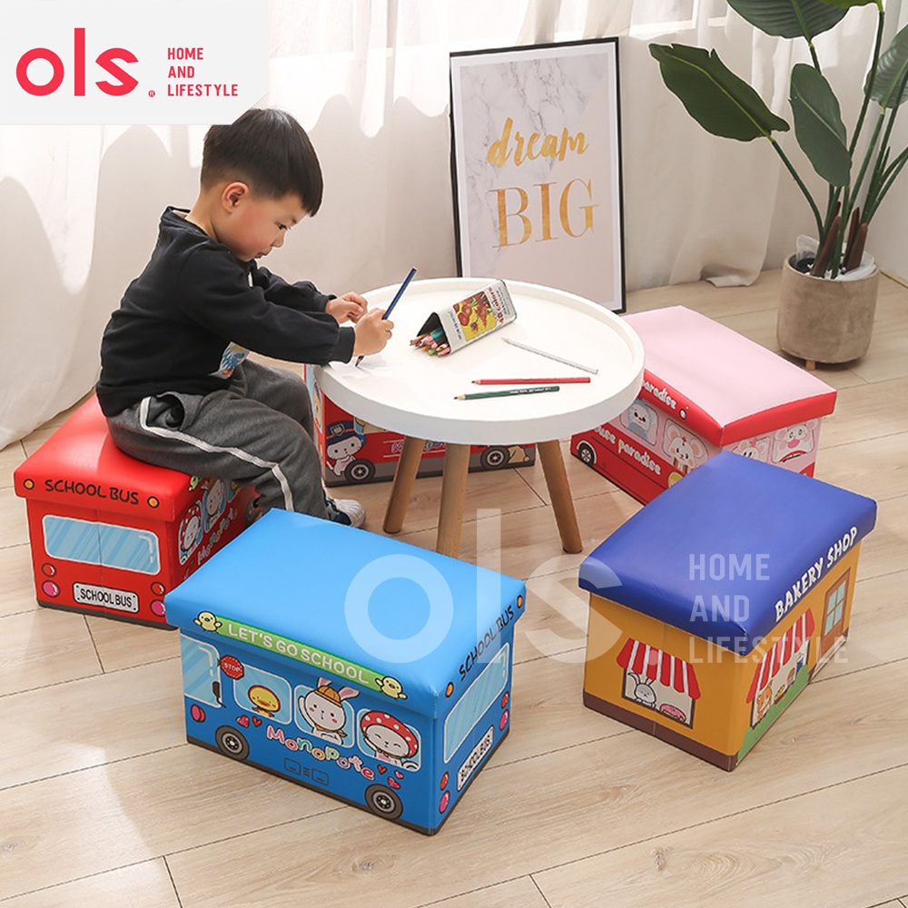 OLS Ottoman Storage Box Foldable Bus Kids Leather Storage Stool Box Toy ...