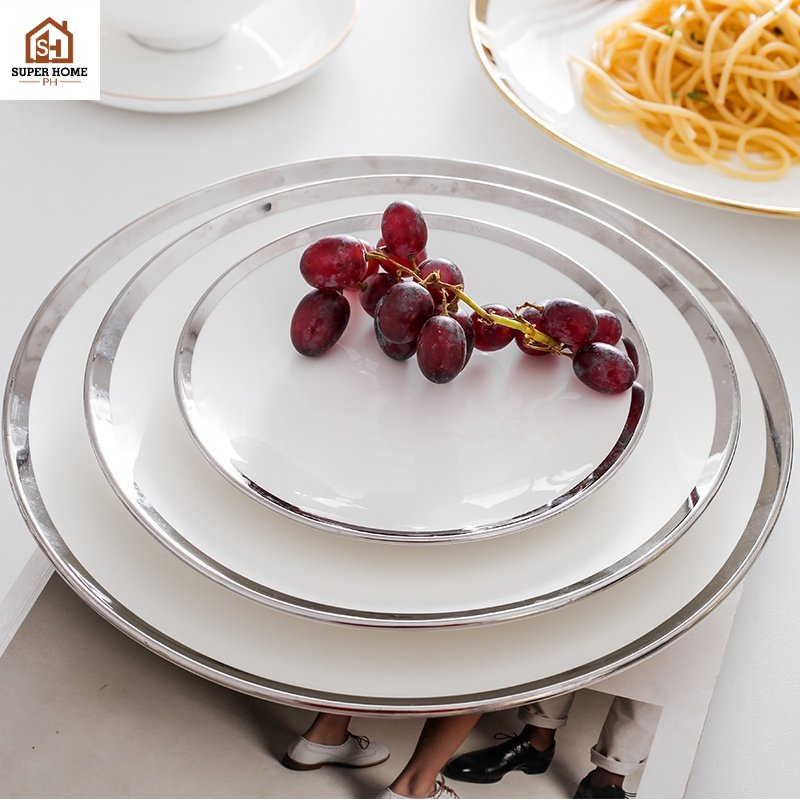 Silver Rim Ceramic Tableware Dinner Plate Salad Plate Bowl Saucer Round ...