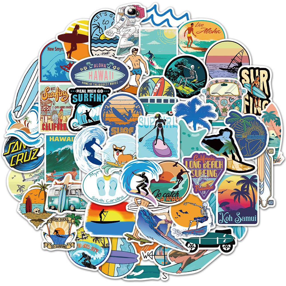 50PCS Summer Surfing Stickers Beach Travel Surf Sticker Waterproof DIY ...