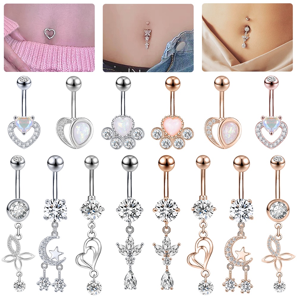 1 Pc Opal Heart Crystal Belly Button Ring Stainless Steel Butterfly ...