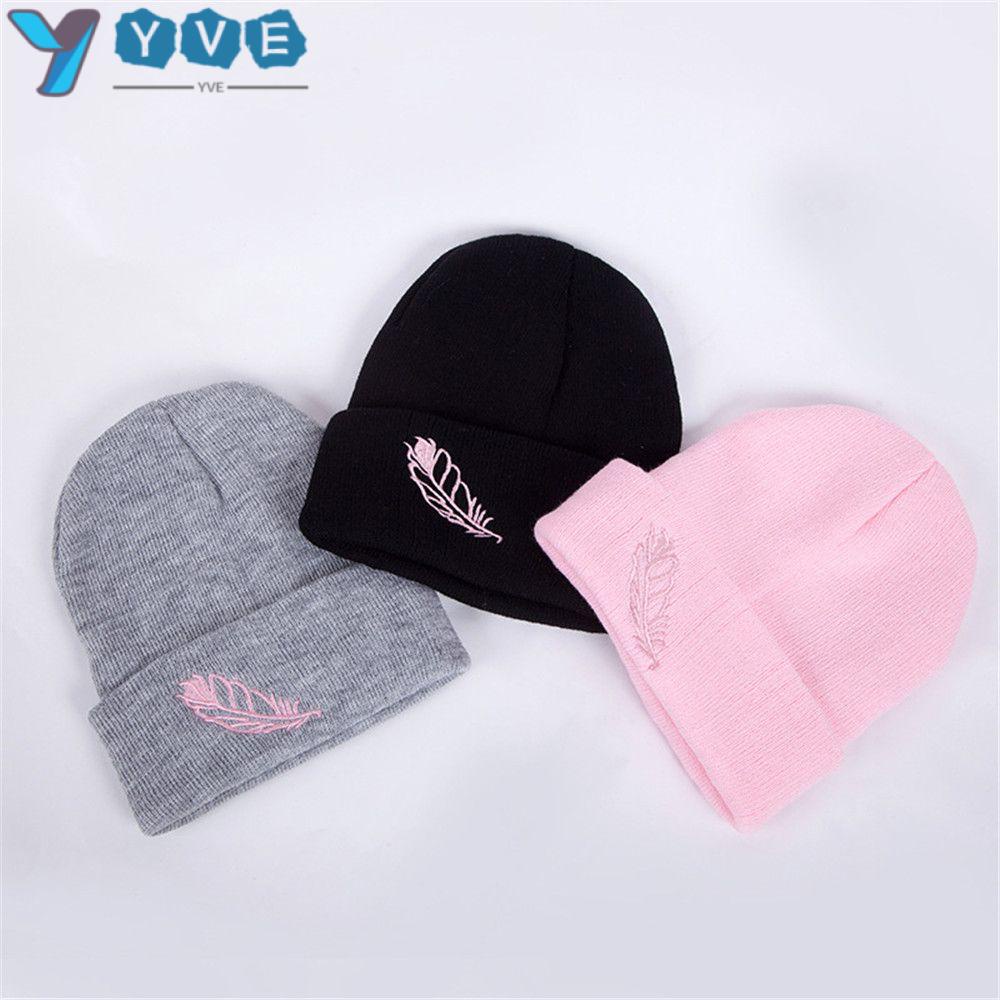 HISTORYFICATION Soft Knitted Cap Autumn Skullies Feather Embroidery Hats Women's Cotton Beanies ...