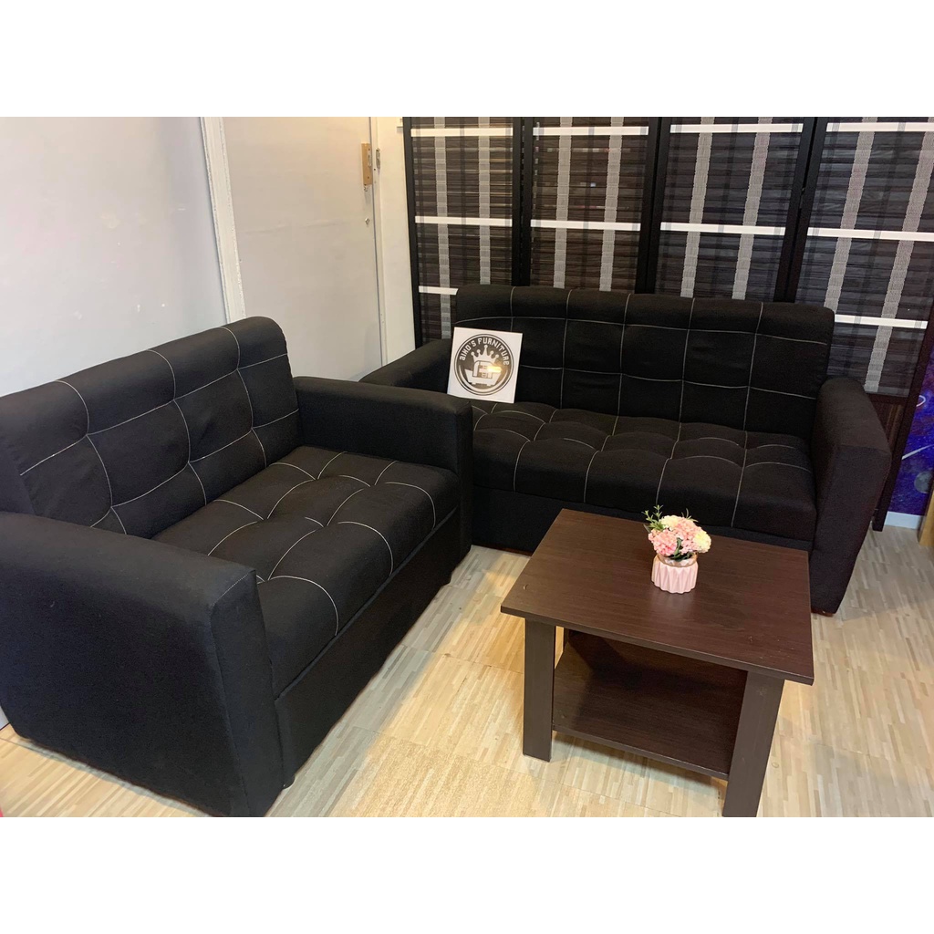 ERIKA SOFA SET SALA SET 2 SEATERS AND 3 SEATERS BLACK FABRIC WITH WOOD ...