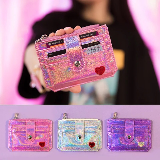 Hologram Heart Glitter Pink Card Holder Zipper Compartment Wallet ...