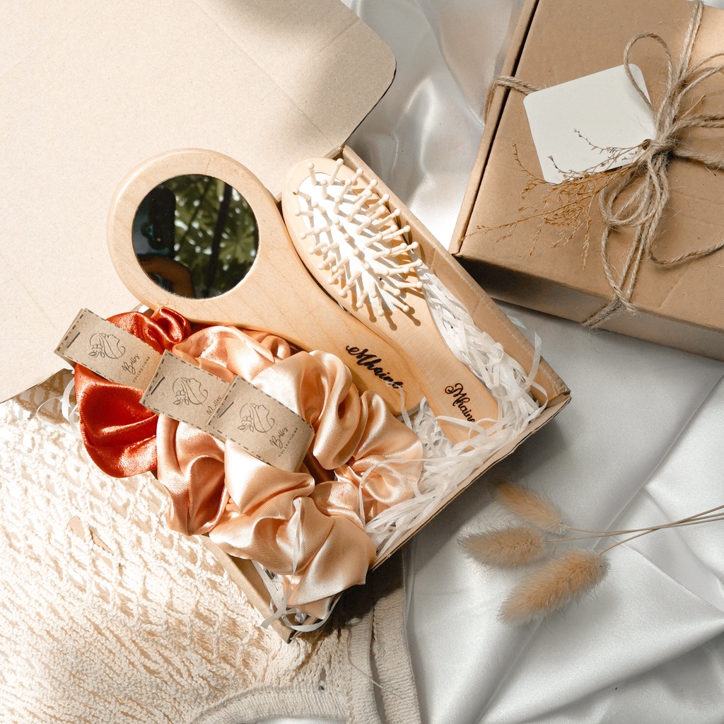Satin Silk Scrunchies Gift Set wooden comb and mirror (FREE ...