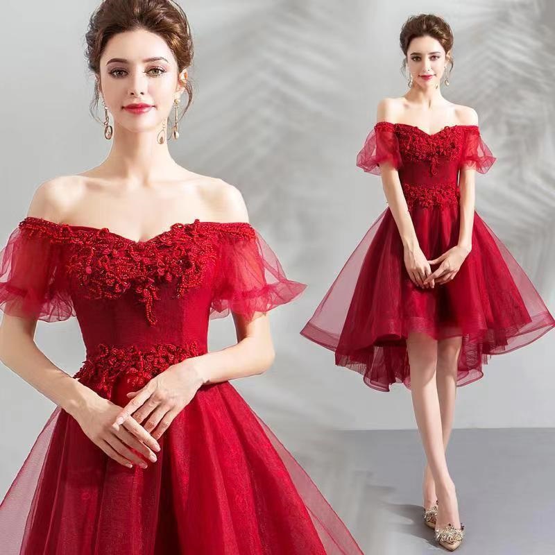 Elegant Red One-shoulder Bride Wedding Toast Dress Fairy Temperament ...