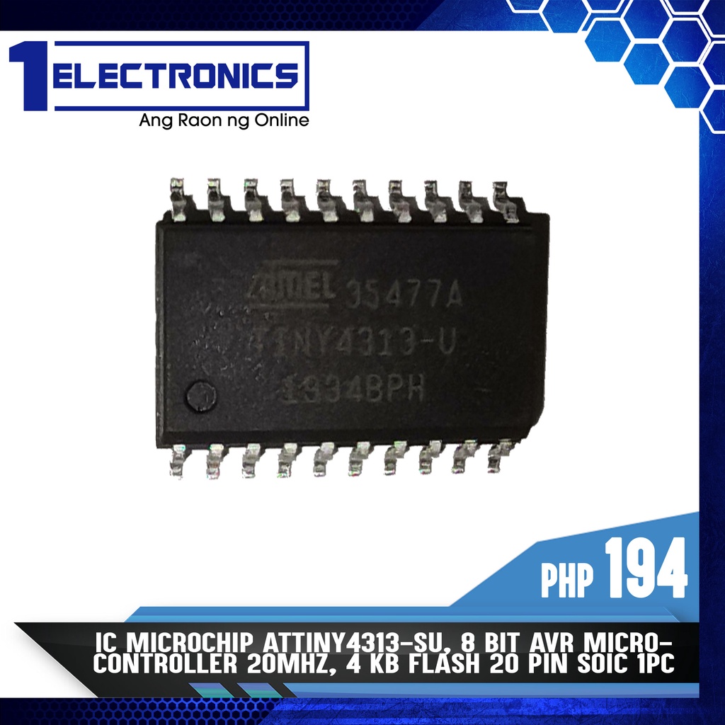 1Electronics 1pc IC - Microchip ATTINY4313-SU, 8bit AVR Microcontroller, 20MHz, 4 kB Flash, 20 ...