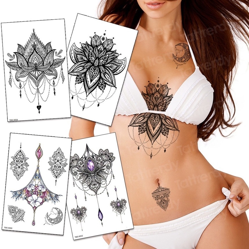 Mandala Temporary Tattoo Sticker Lace Black Henna Sex Tattoo For Woman