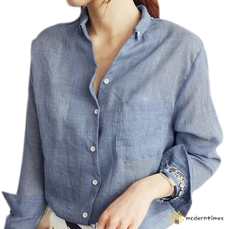 Women Long Sleeve Shirt Blouse Cotton Linen Casual Blouses | Shopee ...