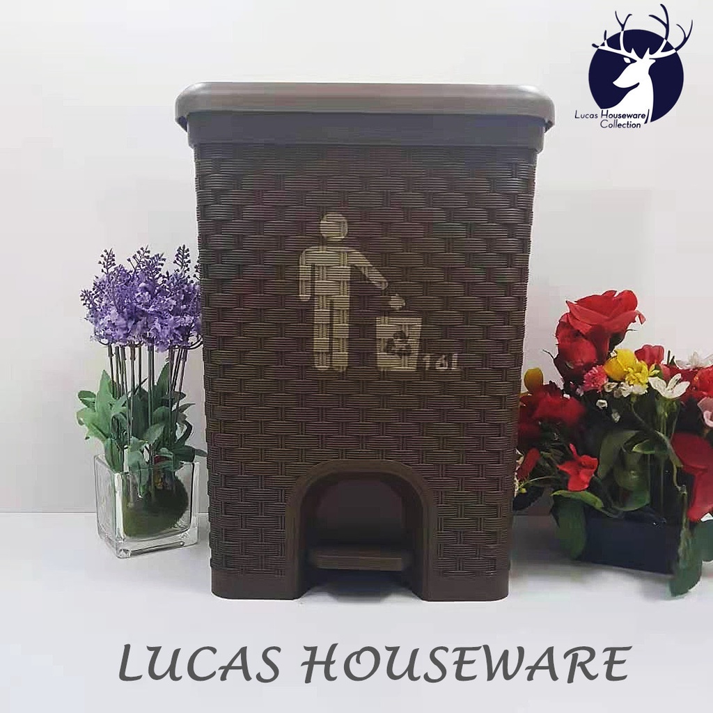 PLASTIC RATTAN WEAVED TRASH CAN W/ PEDAL & COVER 16-LITERS GARBAGE BIN ...