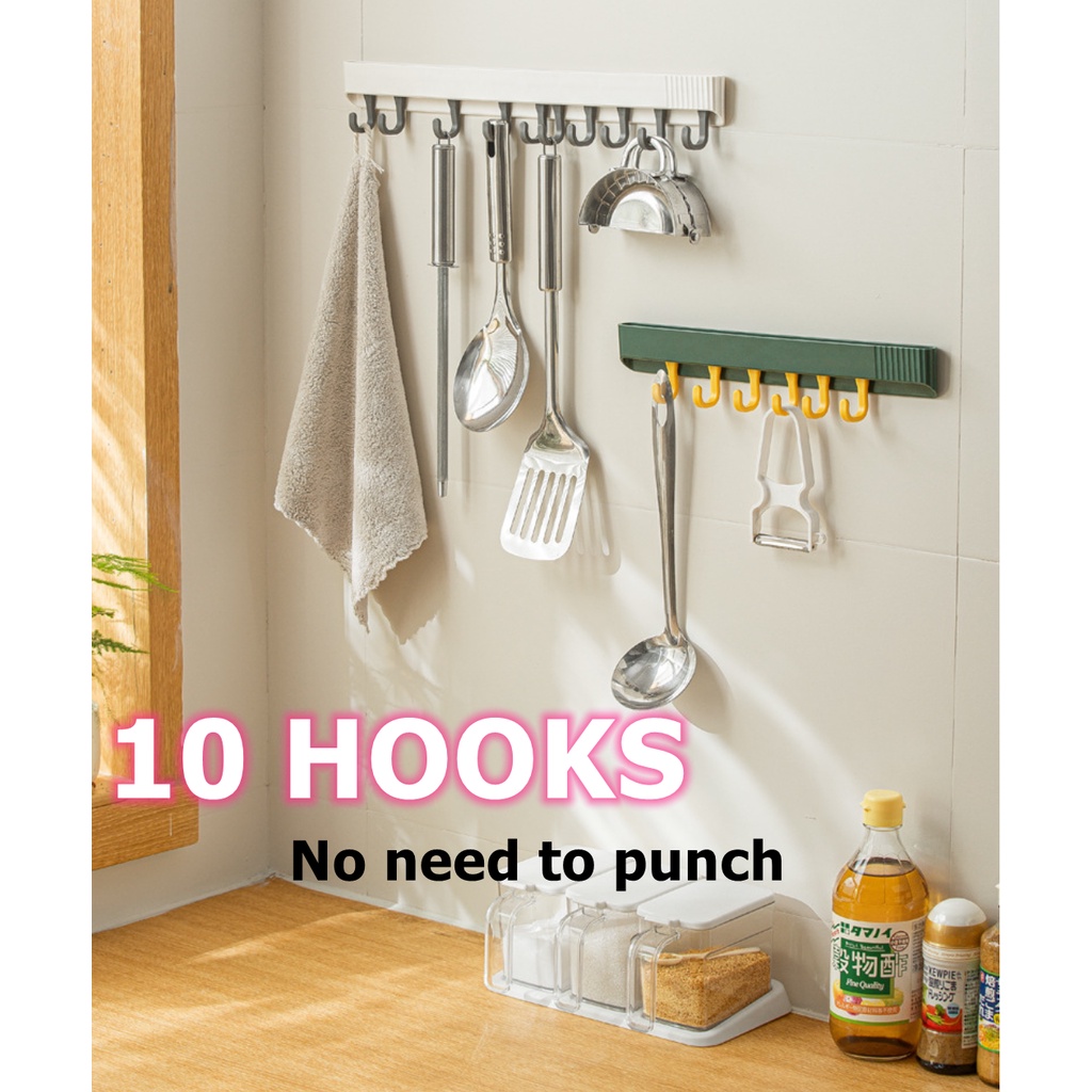 10 Hooks 40cm Hole Free Kitchen and Bathroom Row Hook Multi-functional ...