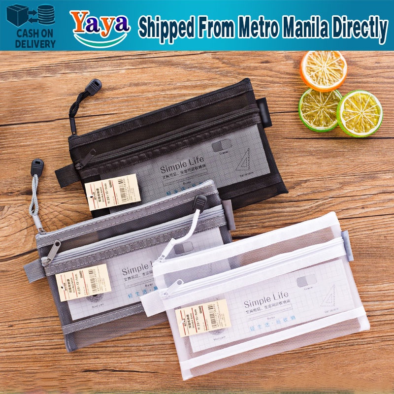 【Fast Delivery】Simple Transparent Double Mesh Bag Pencil Case Office ...