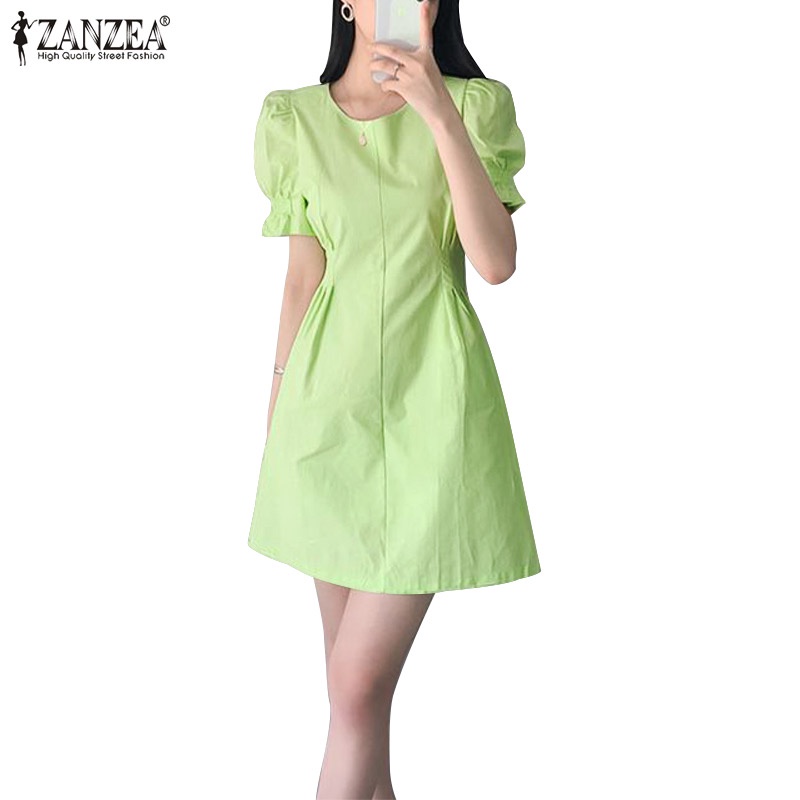 ZANZEA Women Solid Color Short Sleeves Summer Holiday Dresses Plus Size ...