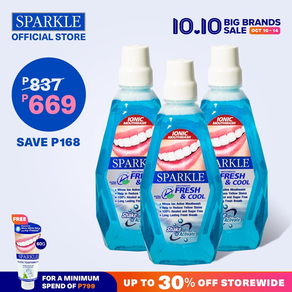 SPARKLE Ionic Mouthwash - Fresh & Cool, Bundle of 3 [Healthy teeth whitening, Antibacterial ...