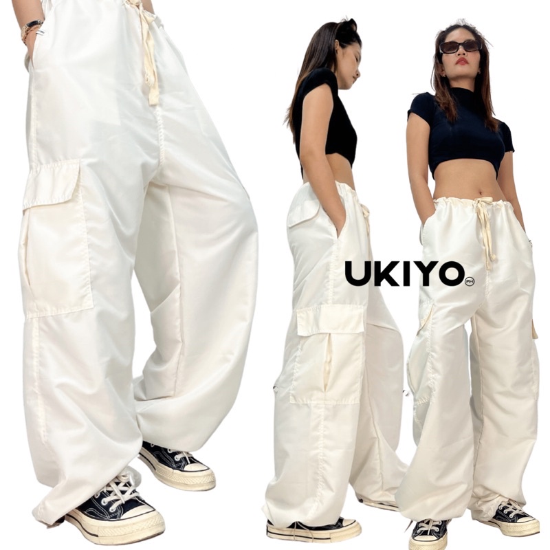 KIRO Unisex String Parachute Cargo Pants Baggy Style by UKIYO (Off ...