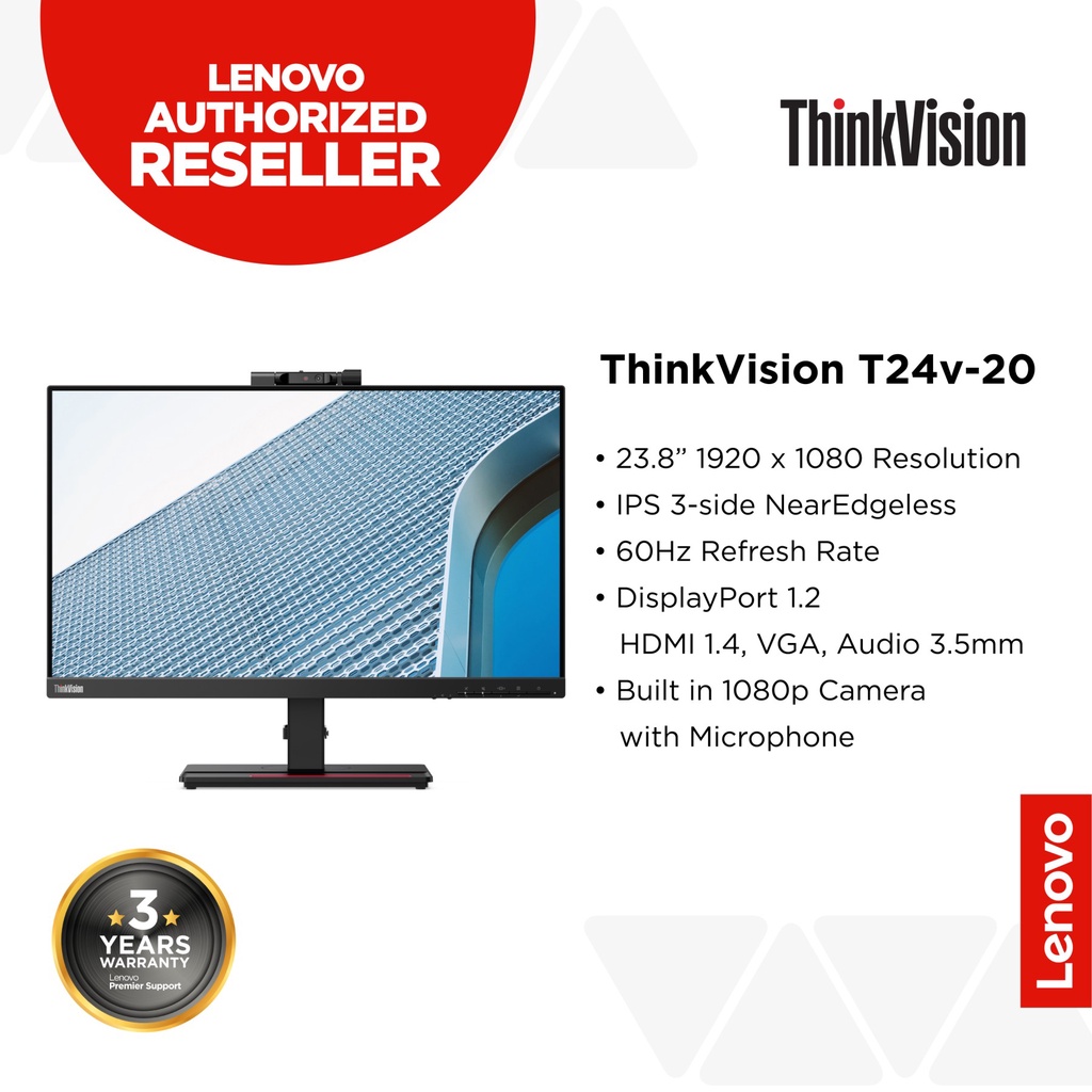 Lenovo ThinkVision T24v-20, 23.8",Integrated Speakers+Camera w/ Mic, 3 ...