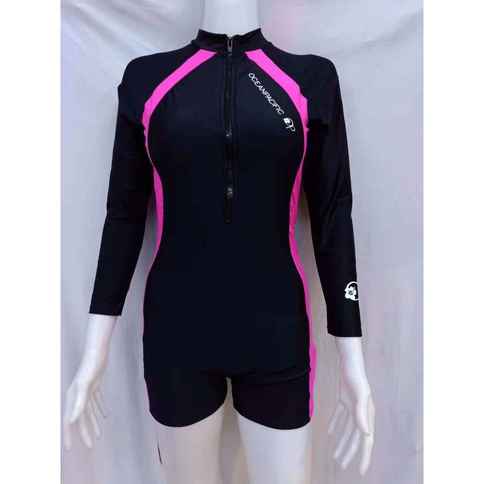Women One Piece Rashguard Longsleeve Swimwear Plain Swimsuit Pink ...