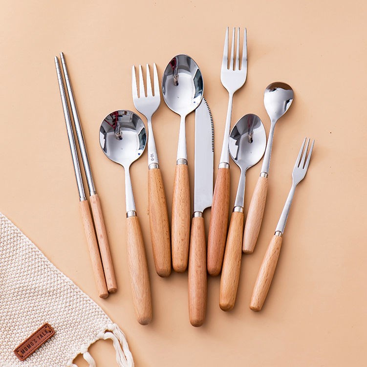 Wood Stainless Steel Cutlery Set Wooden Handle Flatware Knife Fork ...