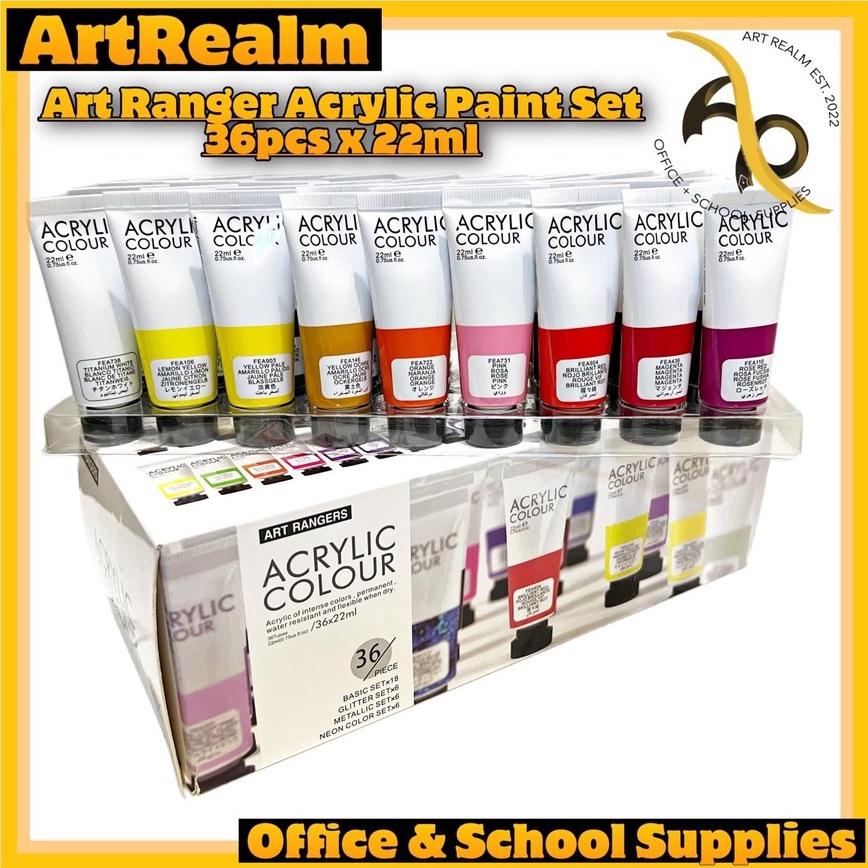 Art Rangers 36pcs x 22ml Acrylic Paint Set [18 Regular+6 Glitter+6 ...