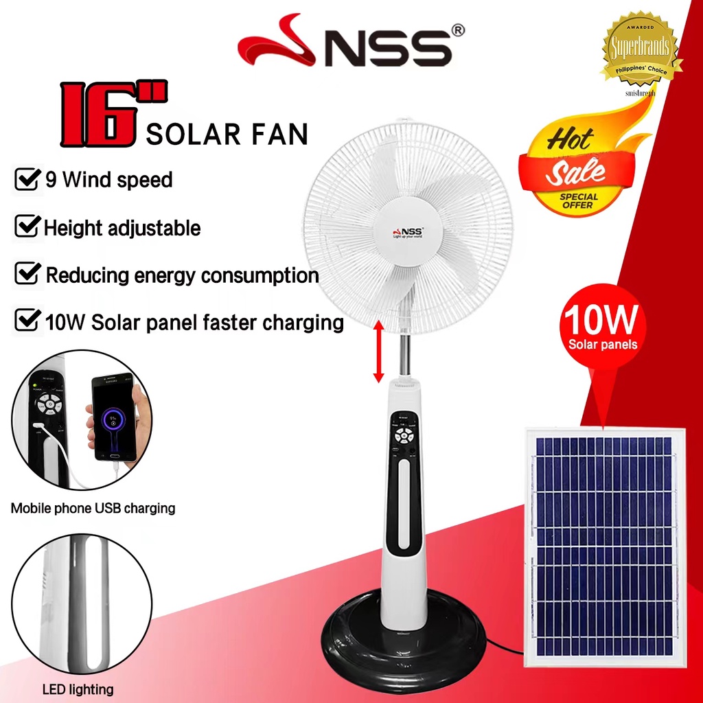 NSS Solar Fan Solar Electric Fan 16Inch Solar Rechargeable Fan LED ...