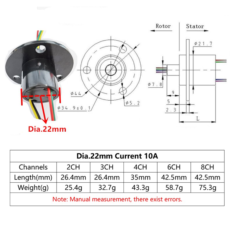 1PC Electric Flange Slip Ring 10A Dia.22mm 2/3/4/6/8CH Channels Wires ...