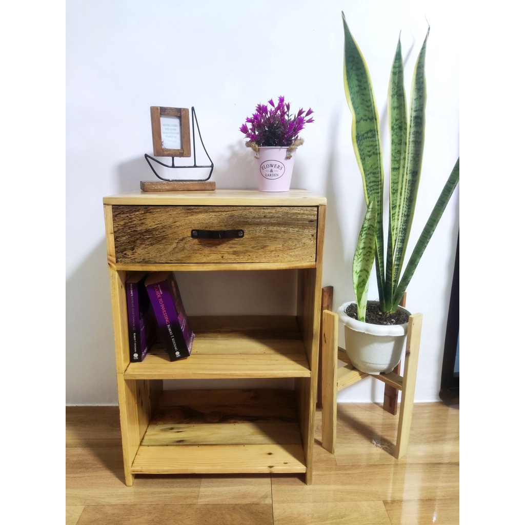 Solid Wood 1 Drawer Side Table with 2 layer Open Shelf/ Night Stand ...