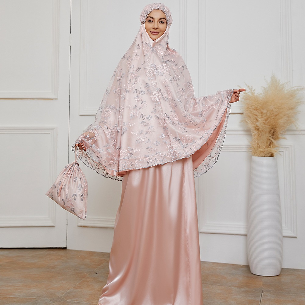Ramadan Eid Modern Abaya Muslim Elegant Pink Embroidered Lace Hijab+satin Dress Set Traditional ...
