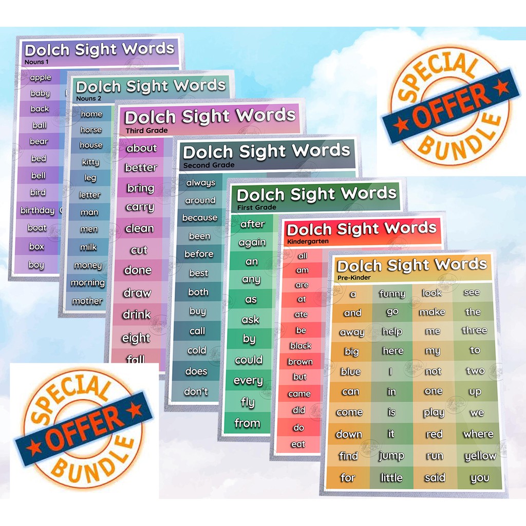 BUNDLE Reading for Kids - Dolch Sight Words Educational Charts ...