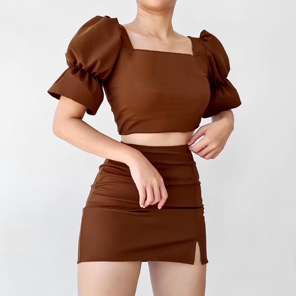 SS LULU Puff Sleeve Tops Coordinate Set Croptop and Skirt Terno wts029 ...