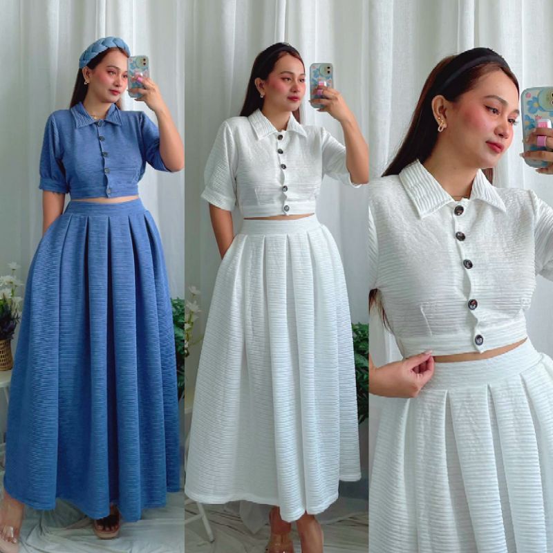 Serena Plain Coordinates Coords Crop Blouse with Skirt | Shopee Philippines