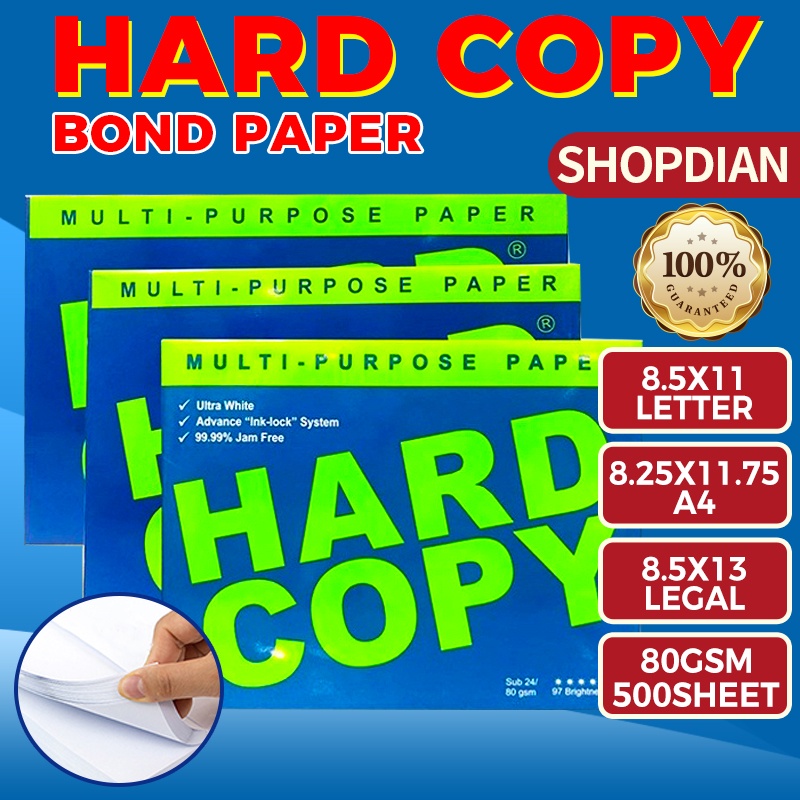Hard Copy Bond Paper Short / A4 / Long 80Gsm 500Sheets | Shopee Philippines