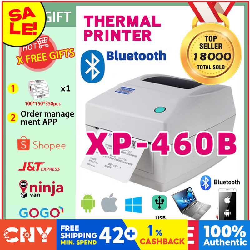Free Paper XP-460B Bluetooth Printer Thermal Barcode Express Invoice Waybill Shipment Label ...