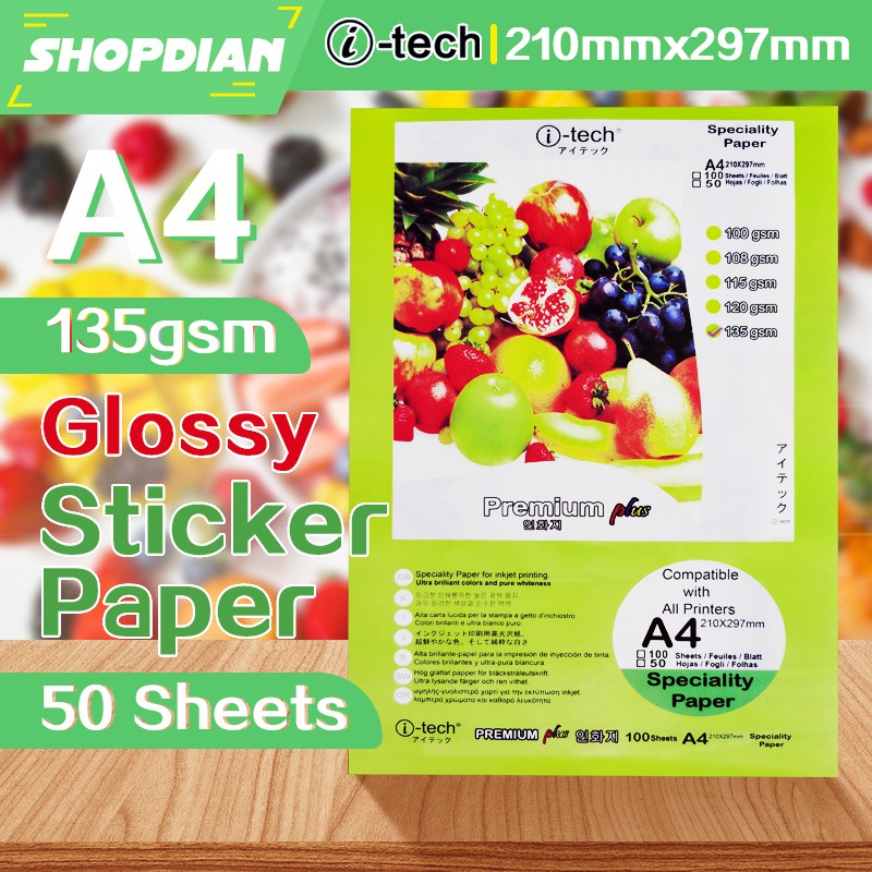 ITech Photo Sticker Paper Glossy A4Size 135gsm 50Sheets | Shopee ...