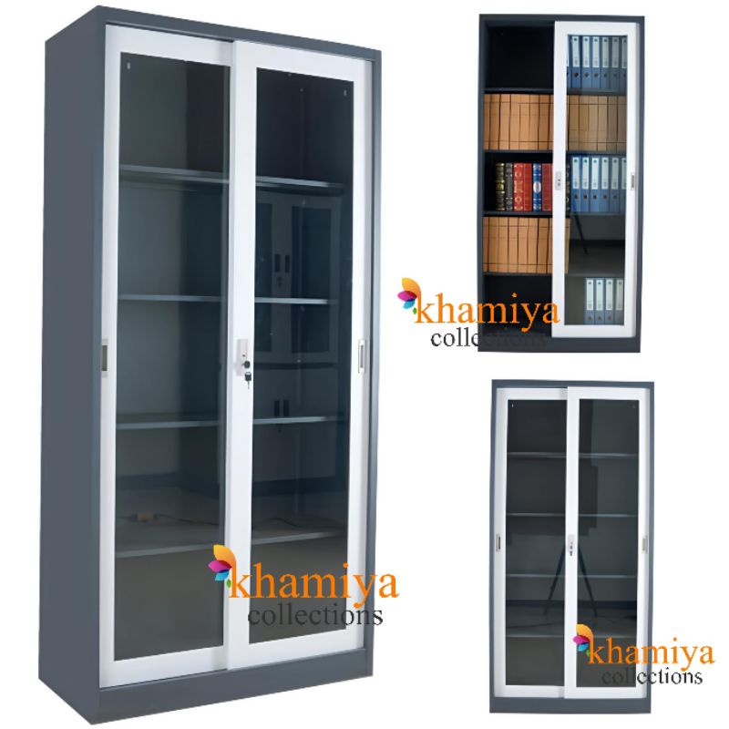 Lf01 Glass Sliding Door Cabinet Two Tone Steel Cupboard Shelves